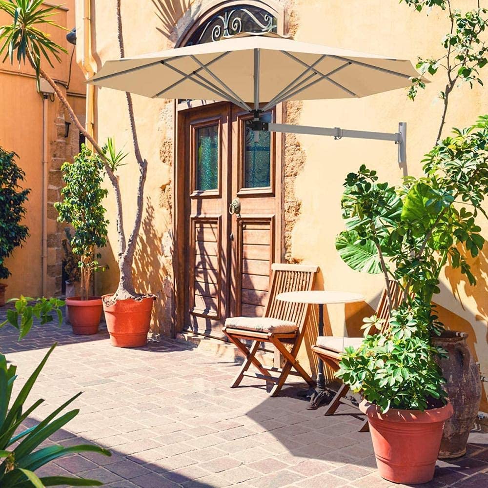 8 FT Wall Mounted Patio Umbrella Outdoor Wall Umbrella with Adjustable Pole Tilting Sunshade Umbrella with Wind Vent
