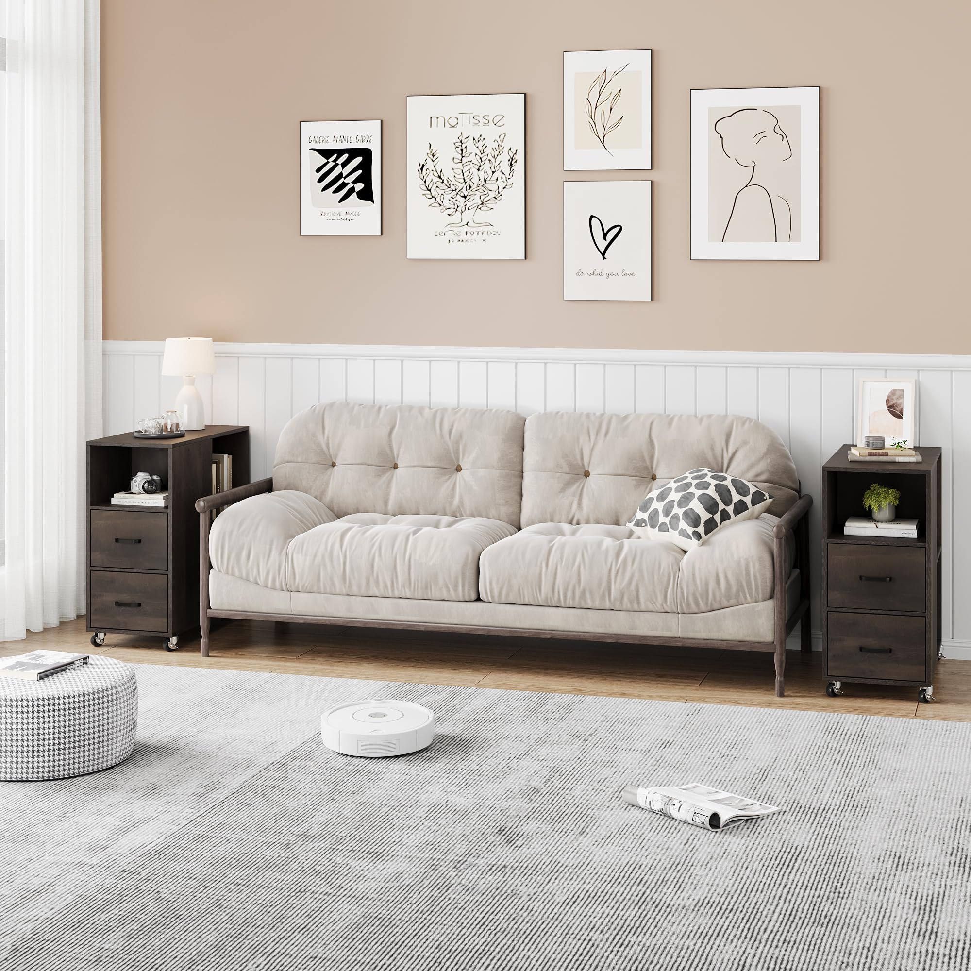 BOTLOG Sofa Side Table, End Table with 2 Drawers, Narrow Bedside Table with Storage Shelves for Small Spaces Living Room Bedroom Office (Dark Brown)