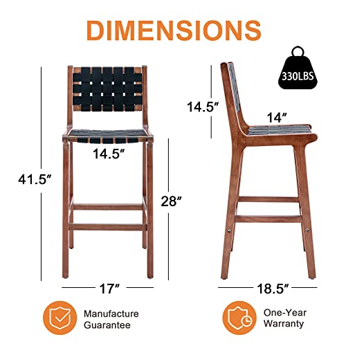 Bonzy Home 28" Woven Bar Stools Set of 2, Faux Leather Kitchen Stool Chairs with Back and Wooden Legs, Comfy Bar Chairs Bar Height Stools for Kitchen Island, Black