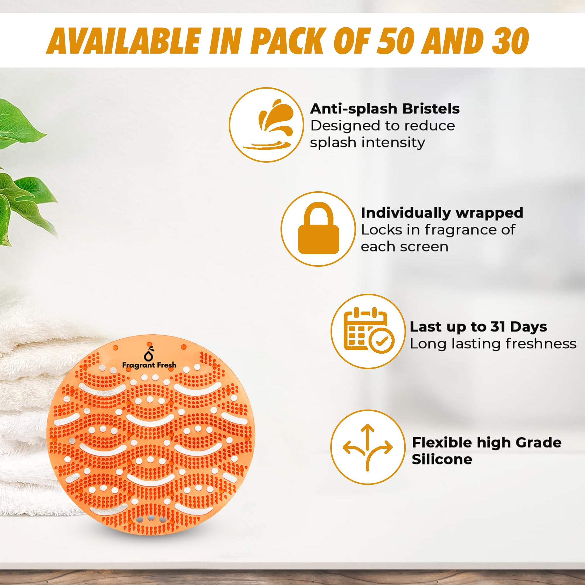 Urinal Screen Deodorizer (50Pack) Anti Splash Long Lasting Fragrance Urinal Cakes Eliminate odours Keeps Bathroom fresh- For Public and Private restrooms-Multiple Use-Orange Citrus