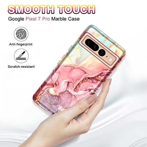 Btscase Case, Marble Pattern 3 in 1 Heavy Duty Shockproof Full Body Rugged Hard PC+Soft Silicone Drop Protective Women Girl Covers for Google Pixel 7 Pro (2022), Rose Gold