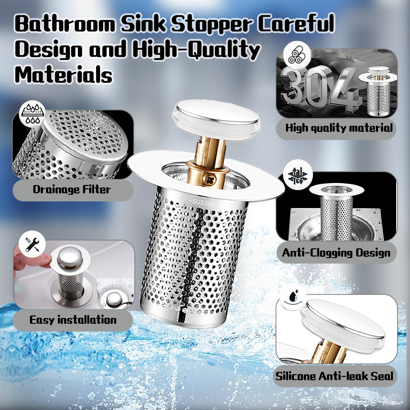 Bathroom Sink Drain Strainer Hair Catcher, Pop Up Sink Drain Filter with Removable Stainless Steel Filter Basket for 1.29-2.16 inch Bathroom Sink Stopper Replacement 2 Pack