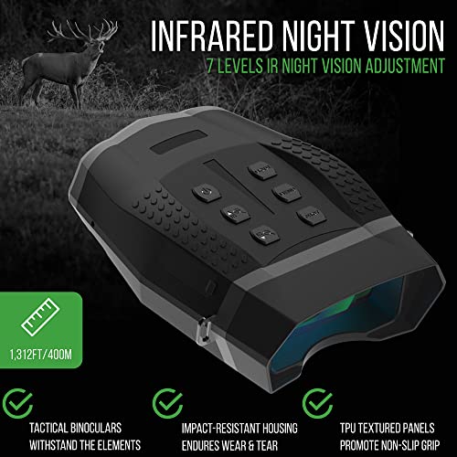 Bush Tech Night Vision Binoculars, Military-Grade Binoculars with Camera for Deer Hunting and Surveillance, Day and Night High-Power Binoculars with 4X Digital Zoom, 1312-Foot Range, 2.5β LCD Display