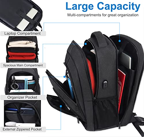 BOOEUDI Laptop Backpack 17.3 Inch TSA Friendly Large Travel Backpack for Men Women Business Carry On Backpack with USB Charging Port Anti Theft Computer Bag, Black