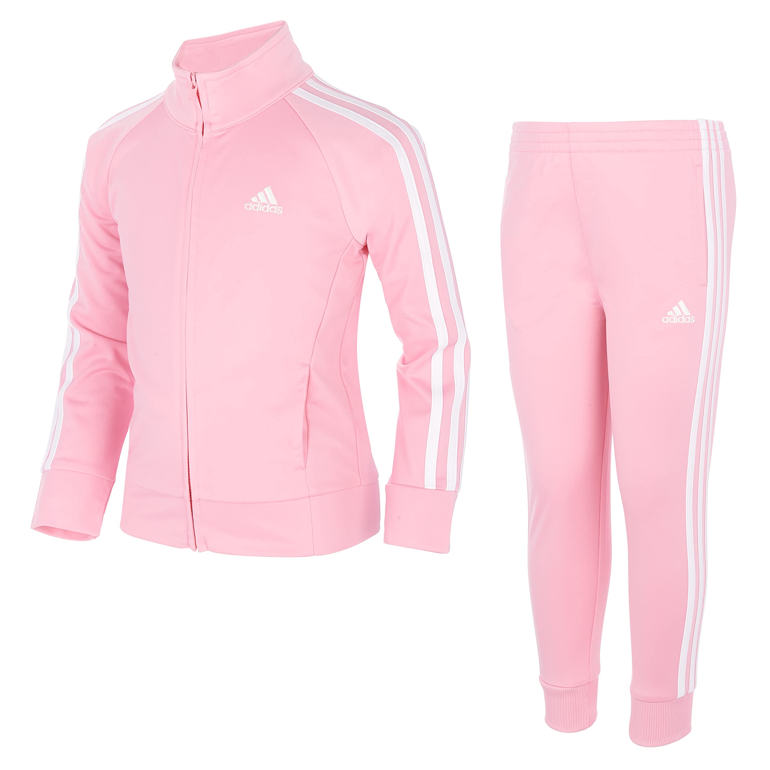 adidas Girls' Zip Front Classic Tricot Jacket and Joggers Set, Light Pink, 4