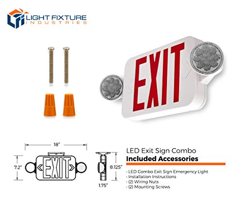 LFI Lights | Combo Red Exit Sign with Emergency Lights | White Housing | All LED | Two Adjustable Round Heads | Hardwired with Battery Backup | UL Listed | (2 Pack) | COMBOJR2-R