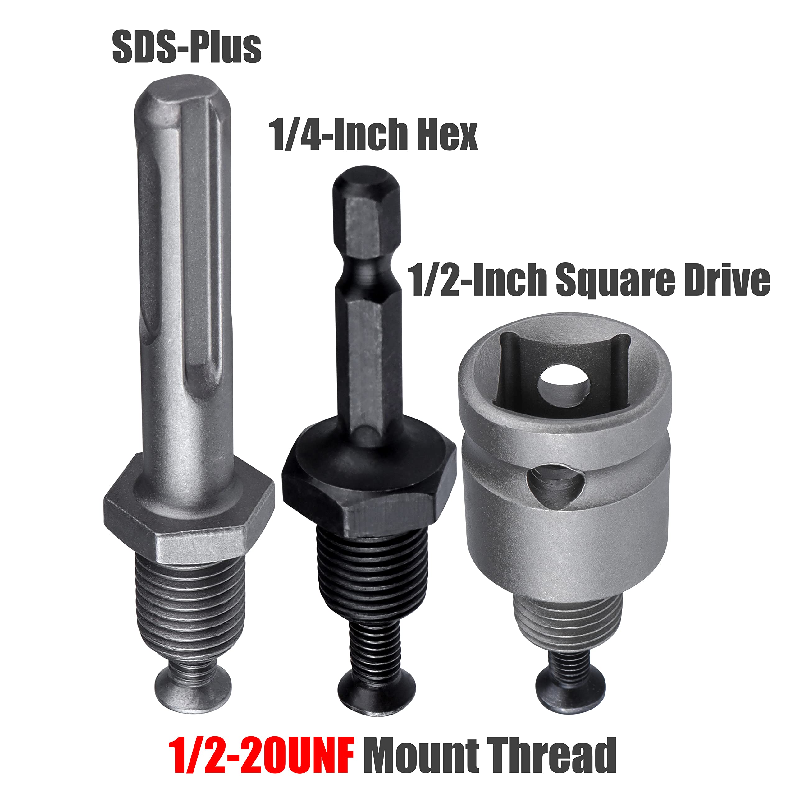 Yakamoz 3Pcs 1/2-20 UNF Mount Thread Drill Chuck Shank Adapter Set, SDS-Plus Shank for Rotary Hammer Drill | 1/4" Hex Shank for Impact Driver | 1/2" Drive Female Adapter for Air Impact Wrench