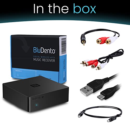 BluDento B1 Bluetooth Stereo Receiver, HD True Hi-Fi V5.1 Audio Receiver, Onboard TI DAC for Analog Stereo RCA Output with Long Range, Digital Coaxial and Optical Output with NFC Pairing Enables
