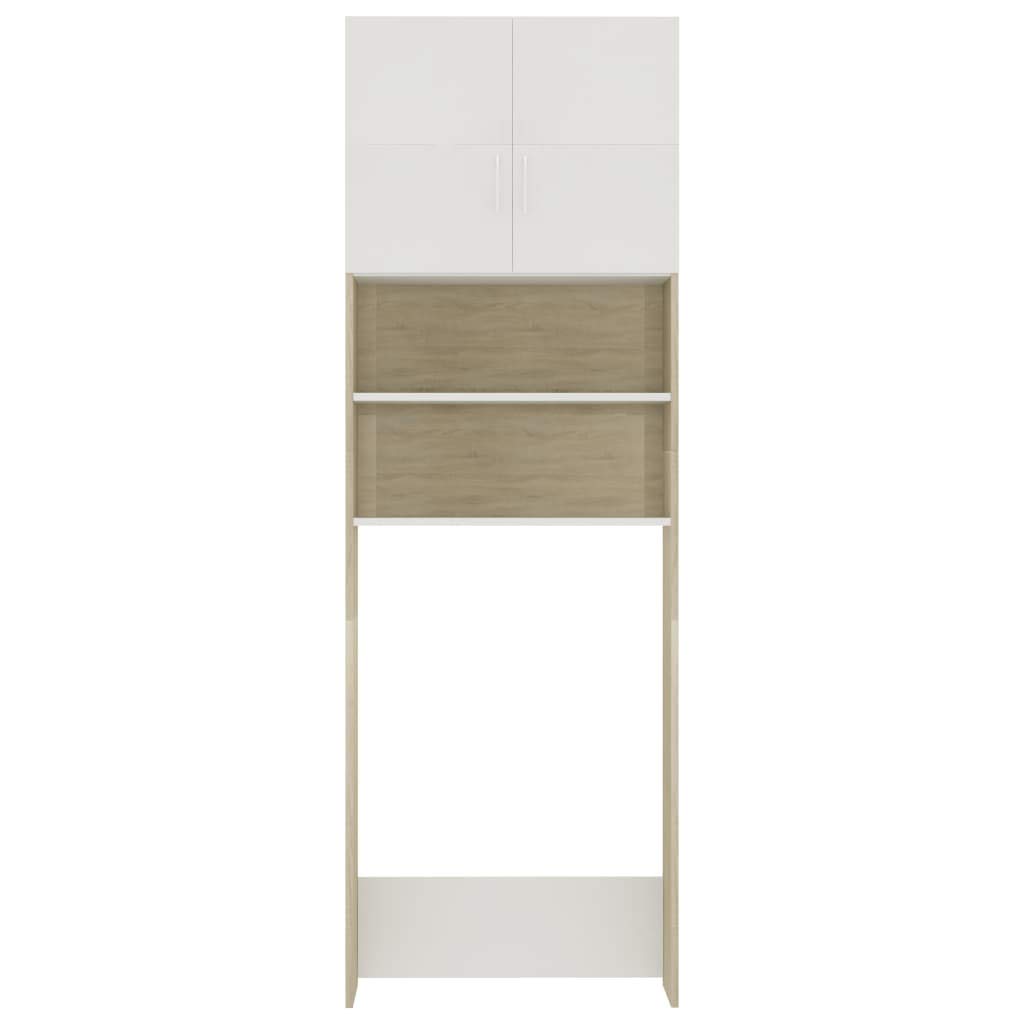 FAMIROSA Washing Machine Shelf, Washer Dryer Storage Shelf, Toilet Bathroom Cabinet above with 2 doors and 2 open compartments 25.2"x10"x74.8"White and Sonoma Oak
