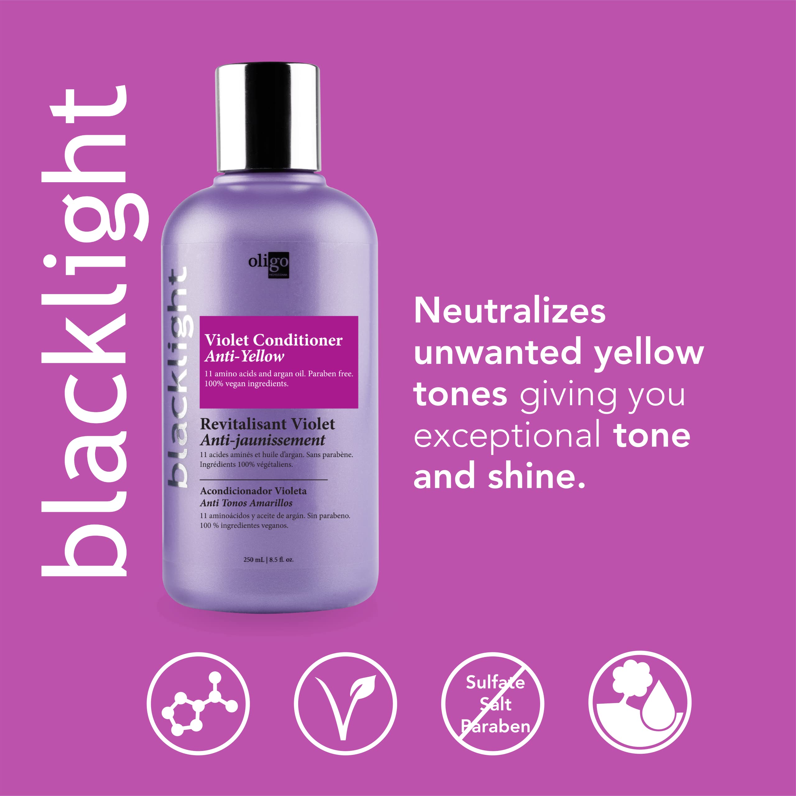 Oligo Professionnel - Blacklight Violet Conditioner - Purple Conditioner for blondes - Vegan - Eliminate Yellow Tones - Refresh Faded Highlights - Argan oil - Hydrating Formula - 8.5oz