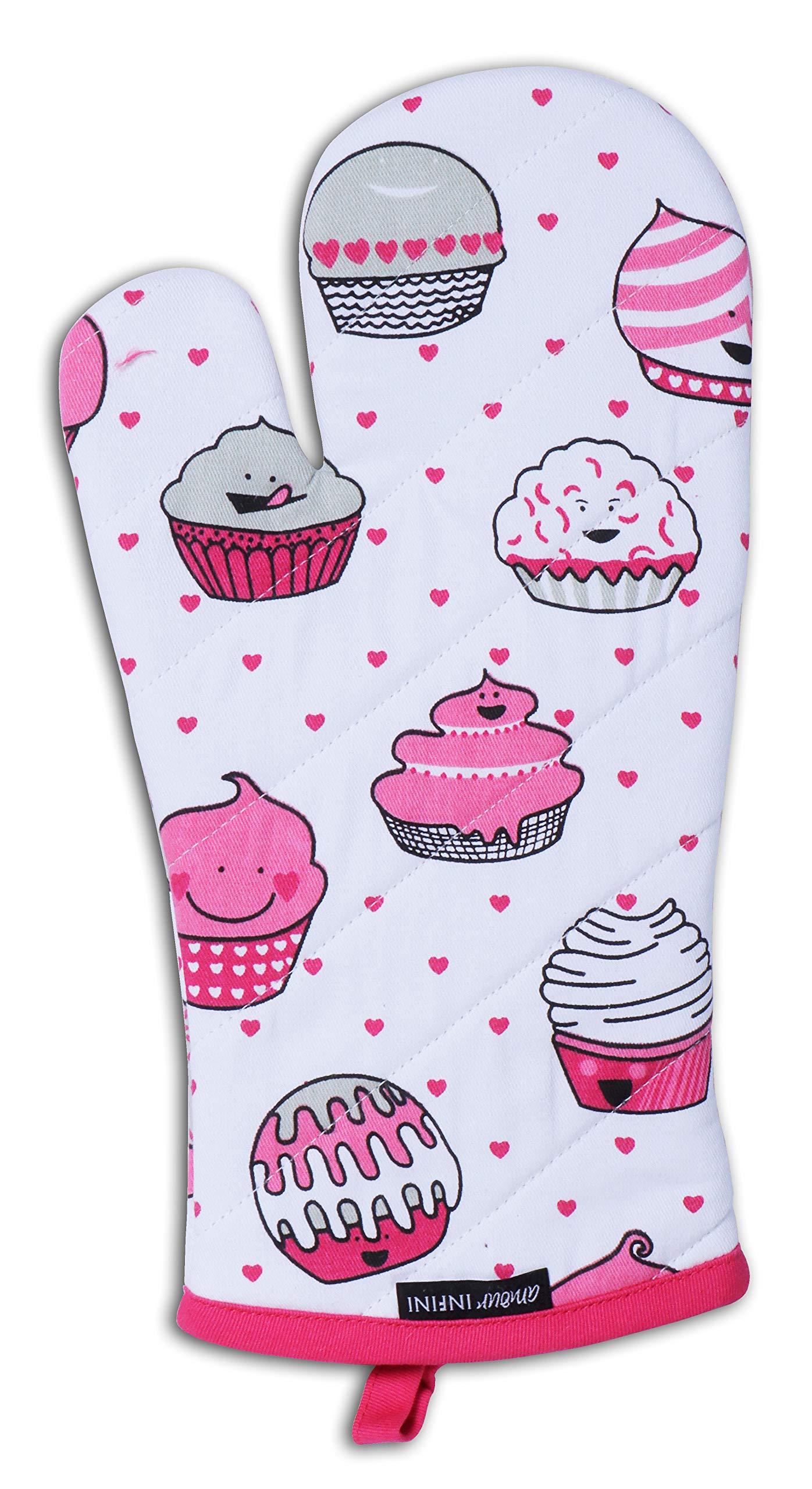 AMOUR INFINI Oven Mitts Set of 1 - Non-Slip Oven Mitts for BBQ, Cooking, Grilling, Baking - Heat Resistant Oven Gloves Quilted Liner with Hanging Loop (Valentine Cup Cake - 7x13 Inches)