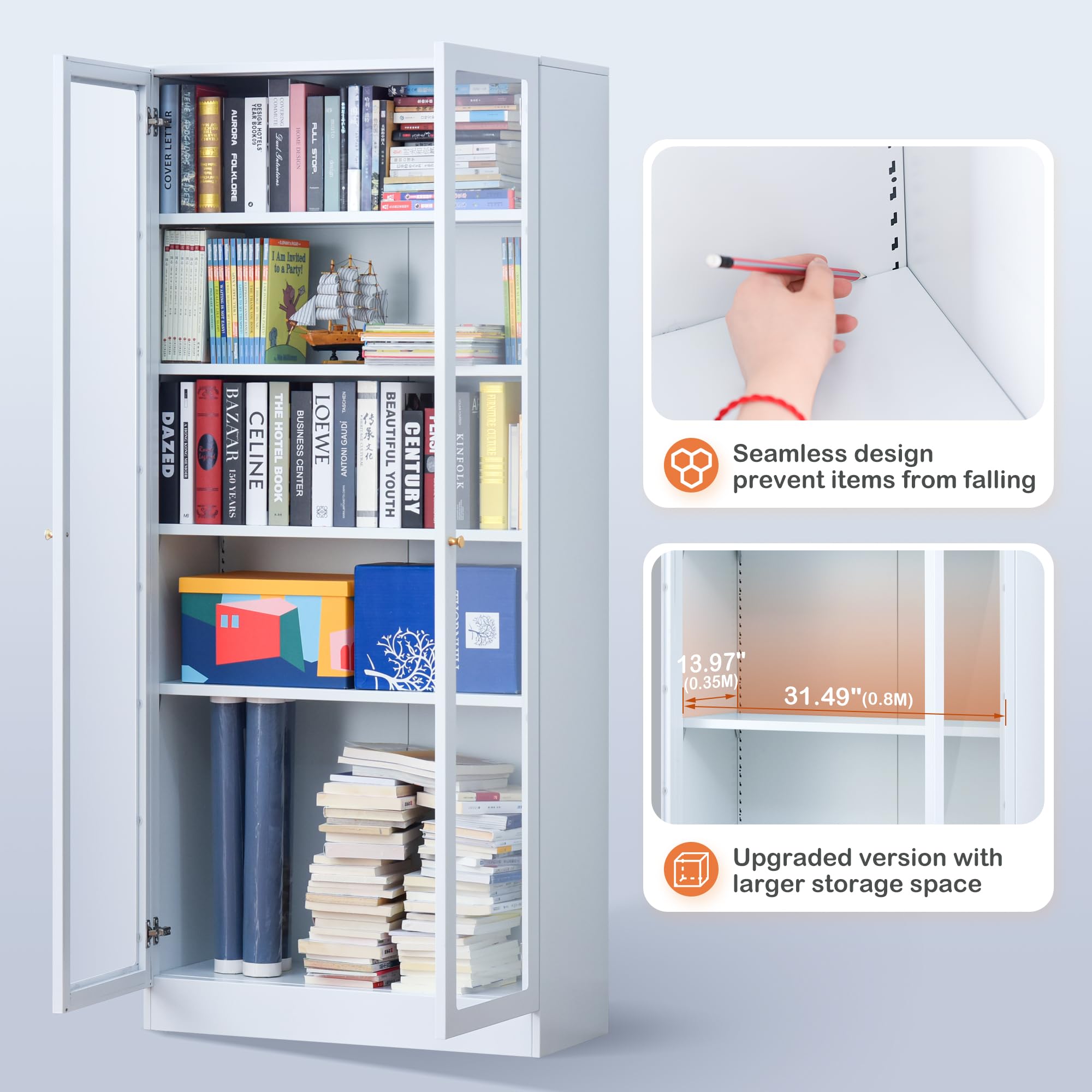 Alvisyd Metal Curio Cabinets with Acrylic Doors, 2 Door Cabinet 31.5 Wide Large Storage Bookcase with Adjustable Shelves, Glass Front Display Cabinet White Organizer 5 Tier for Home Office Craft