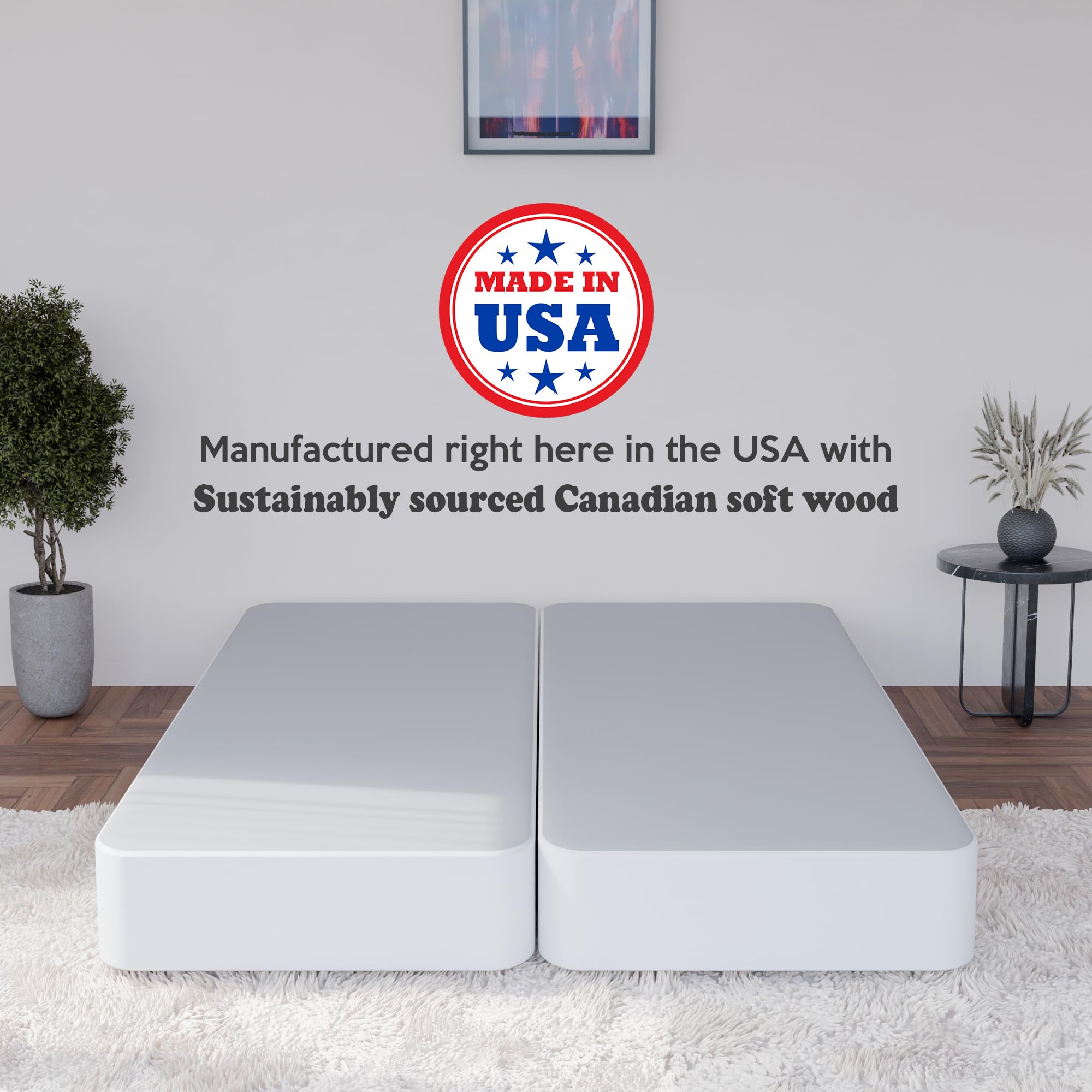 Greaton, 4-Inch Sturdy Box Spring for Mattress Support-Durable and Fully Assembled, Natural Wood Foundation for Full, White