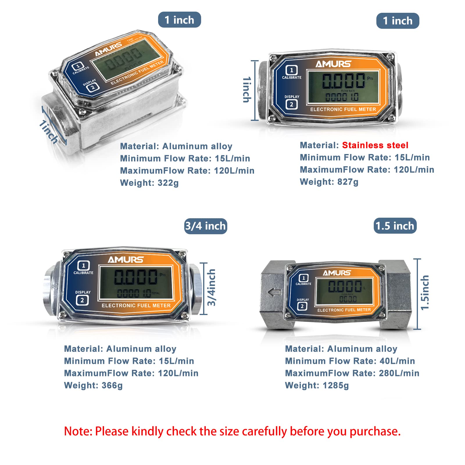 AMURS Turbine Flow Meter LCD Digital Display Flowmeter Gas Oil Fuel Flowmeters 1inch Fuel Flowmeter with NPT Counter for Measuring Diesel Kerosene Gasoline Flows