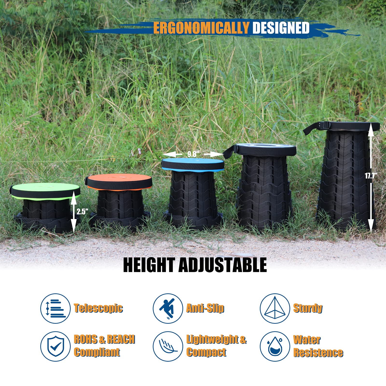 AllynX Adjustable Telescopic Folding Stool, 2022 Upgraded Portable Retractable Telescoping Stool, Collapsible, Heavy Duty, Lightweight Sturdy Seat for Adults Camping Hiking Travel Outdoor Black