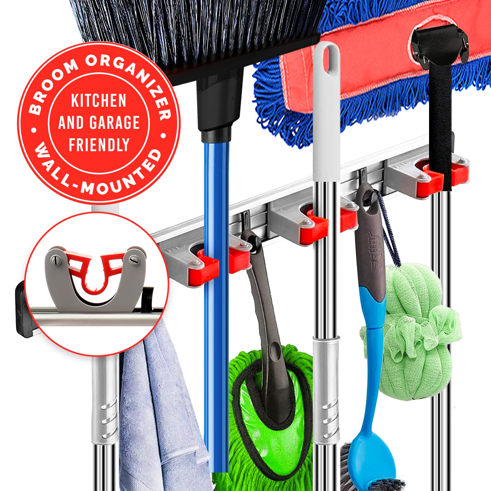 Alpine Industries Mop and Broom Holder Track (4 Holders - 5 Hooks) &Alpine Industries Commercial Mop Bucket with Side Press Wringer (36 Qt, Yellow) Bundle