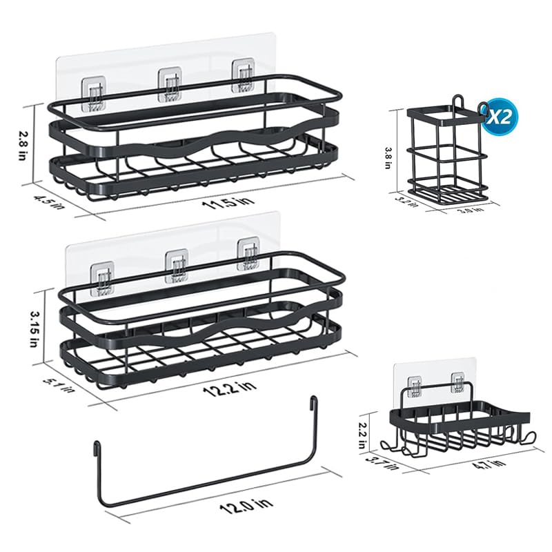 Allviper Bathroom Storage Rack for 6 Sets Kitchen Organizer No-Punch Wall Mounted Toiletries Shelf Practical Shower Caddy Black