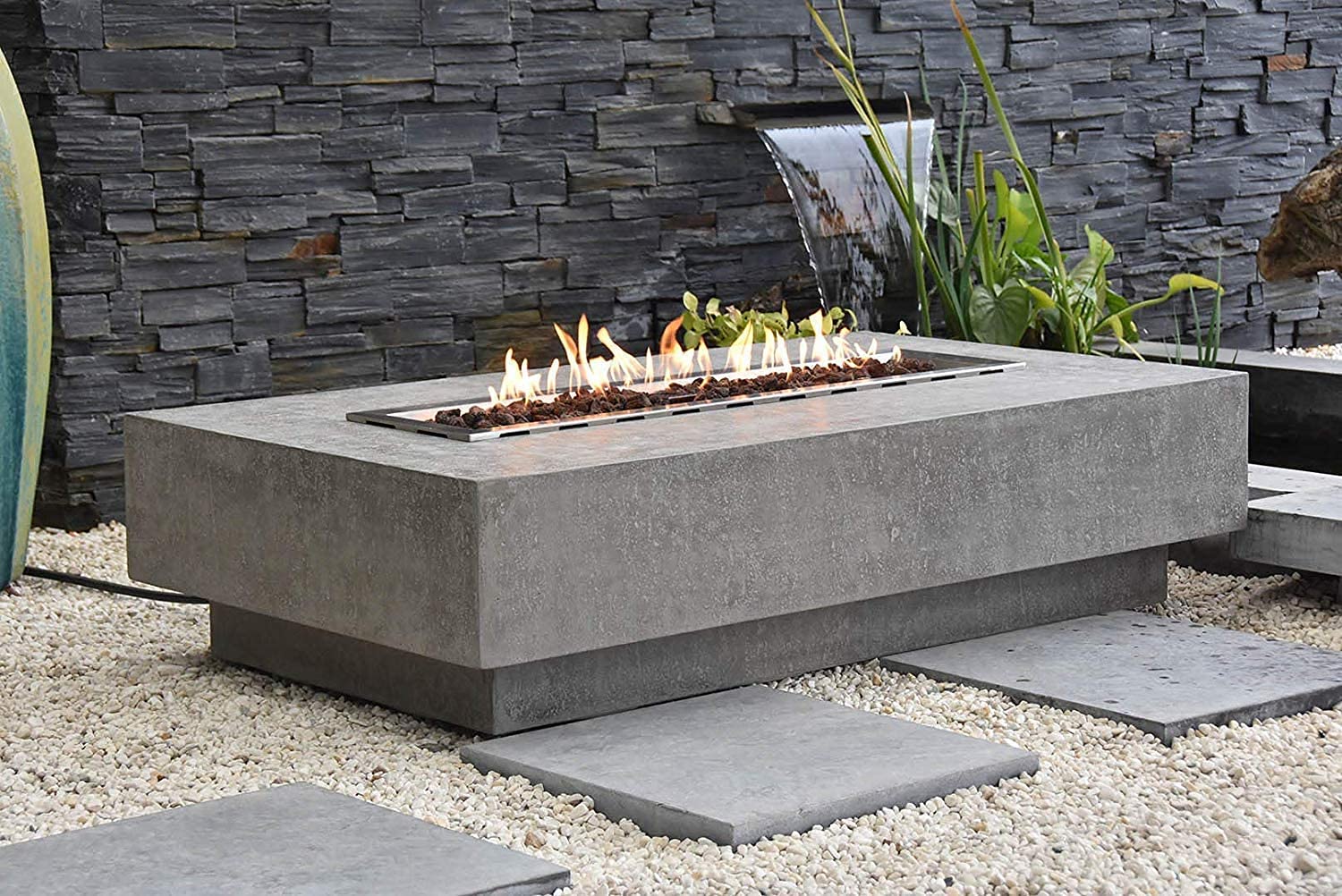 AMS Fireplace | Elementi | Large Rectangular Natural Gas Fire Pit Table | Free Bio-Ethanol Tabletop Lantern | With Canvas Cover, Lava Rocks, and Gas Key Valve | Fuel: Natural Gas, Hampton - Light Grey