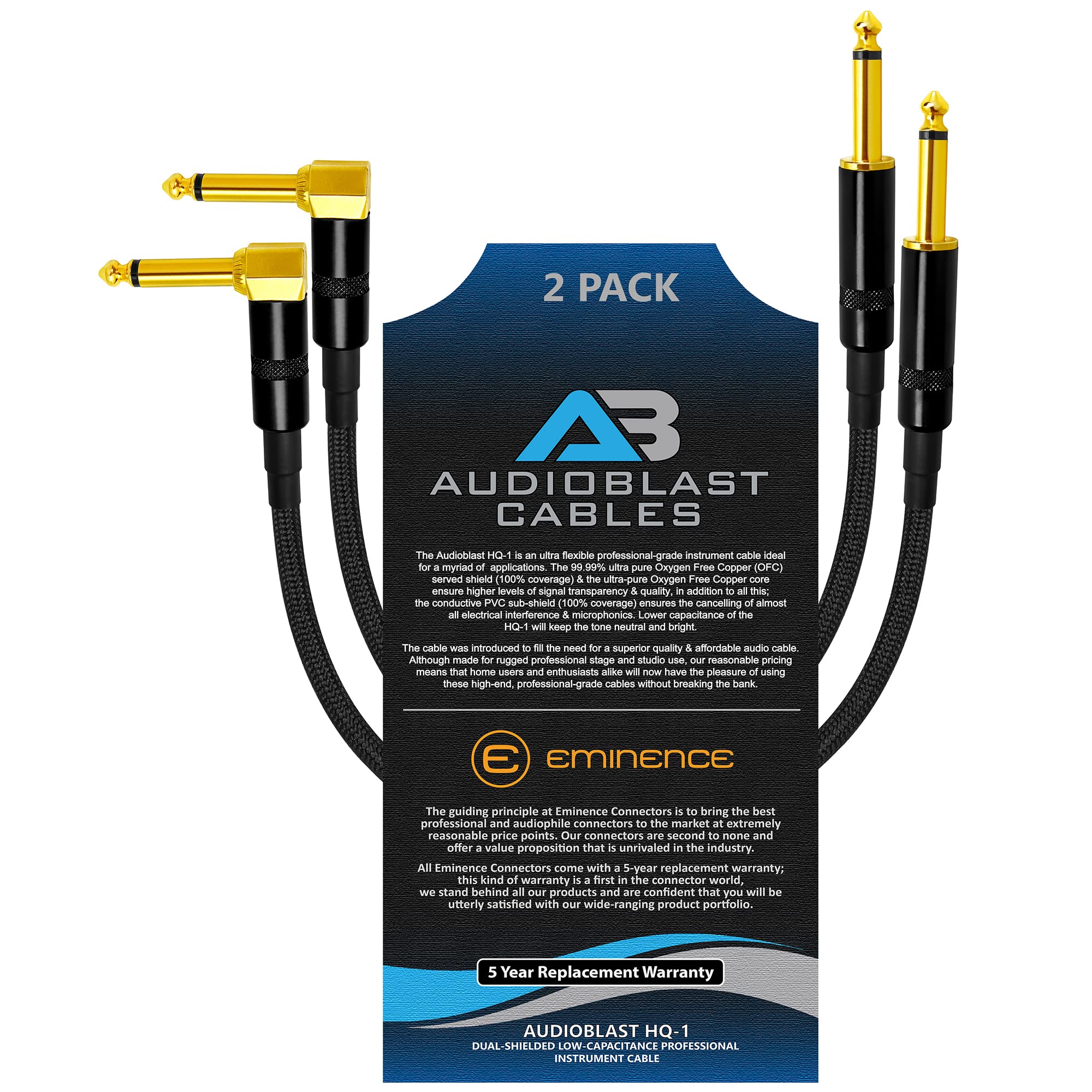 Audioblast - 2 Units - 6 Inch - HQ-1 - Ultra Flexible - Dual Shielded (100%) - Guitar Instrument Effects Pedal Patch Cable w/ Eminence Straight & Angled Gold ¼ inch (6.35mm) TS Plugs & Double Boots