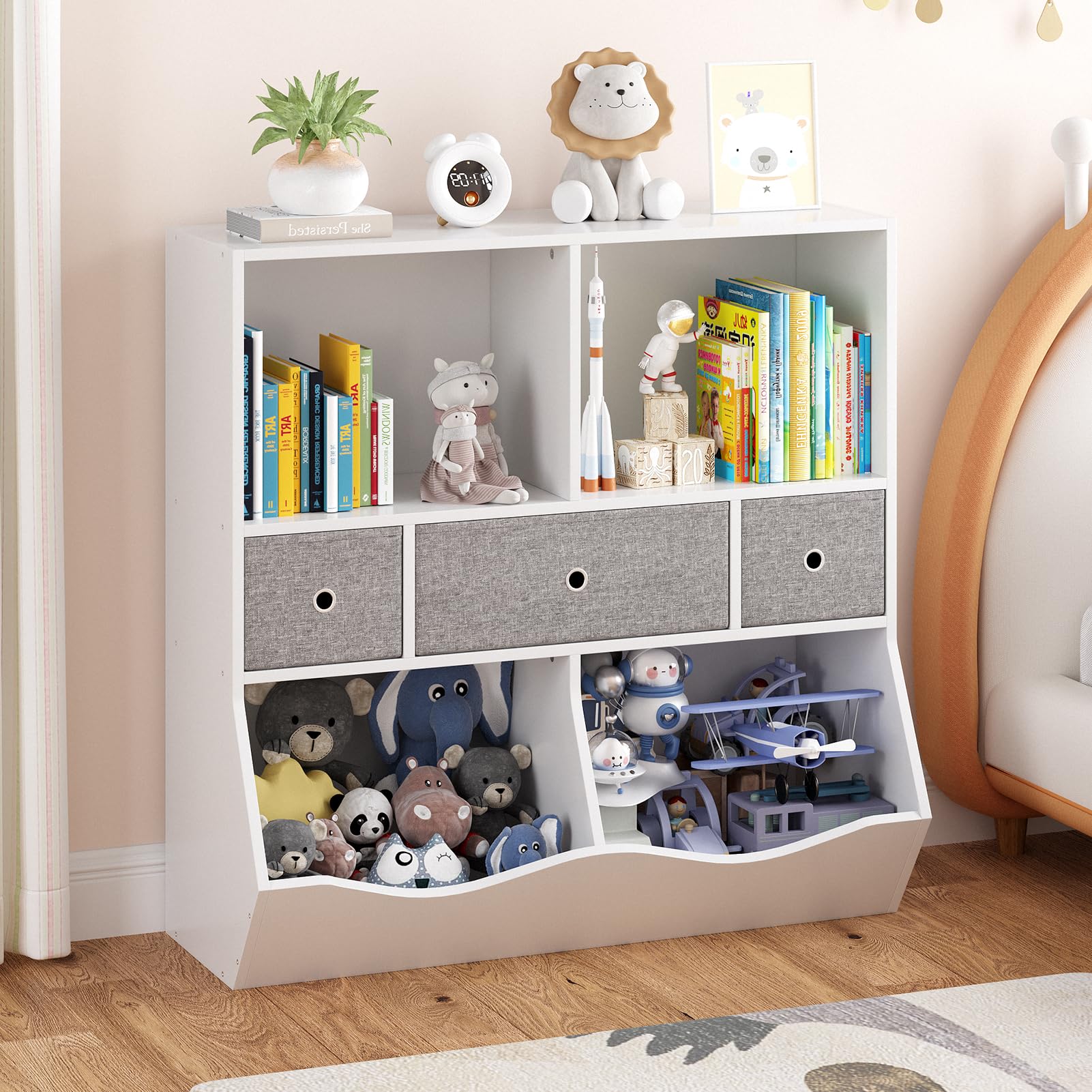 Amyove Kids Bookshelf and Bookcase Toy Storage Multi Shelf with Cubby Organizer Cabinet and Drawers for Boys Girls,for Children's Room, Playroom, Hallway, Kindergarten, School,Bedroom (White)
