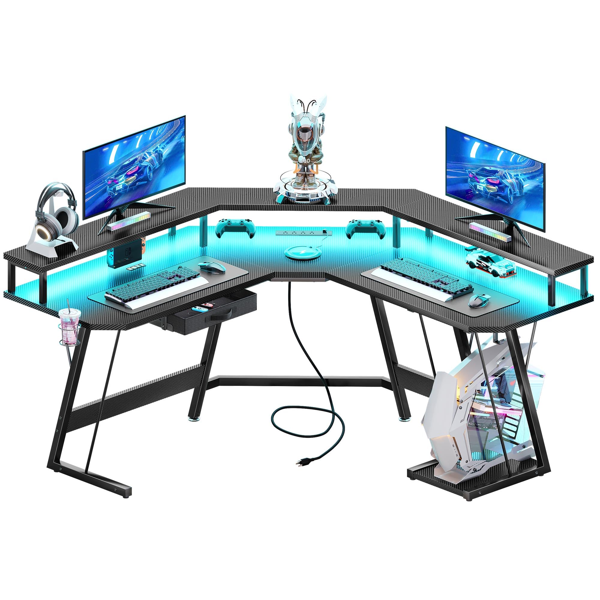 YITAHOME L Shaped Gaming Desk with LED Lights & Power Outlets, 55" Computer Desk with Drawer & Monitor Stand & Carbon Fiber Surface, Home Office Corner Desk with Cup Holder & Hook, Black