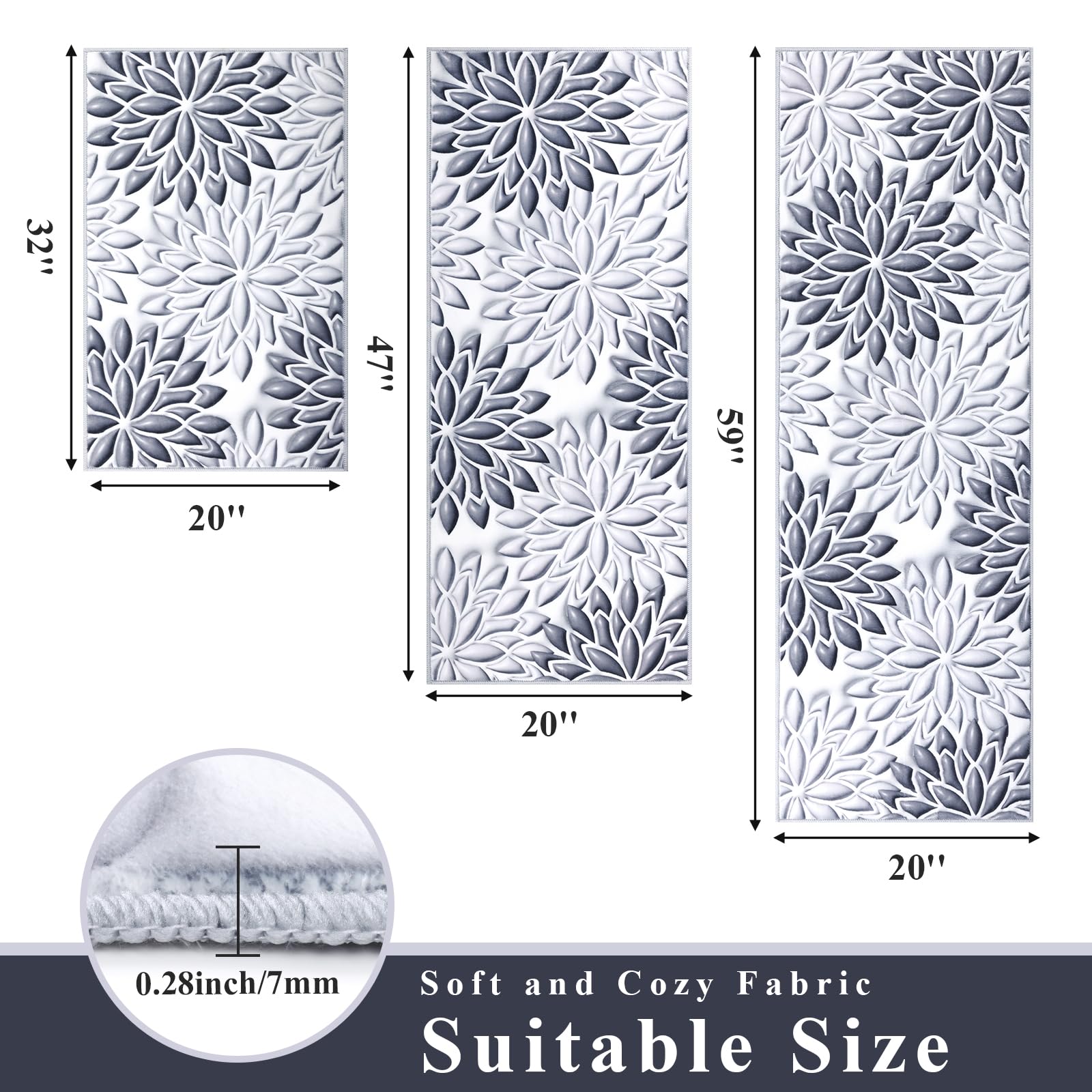 Vaukki Floral Kitchen Rug Sets 3 Pieces, Washable Kitchen Mats for Floor, Non Slip Soft Kitchen Area Rug Floor Mat for Kitchen, Laundry Room and Hallway (Grey, 20''x32''+20''x47''+20''x59'')