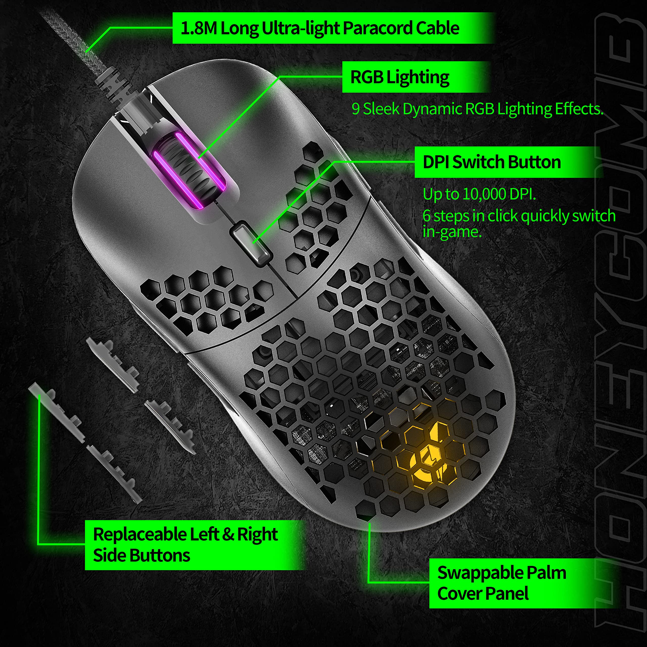 GUNMJO Gram DIY Honeycomb Shell 2.4G Wireless RGB Gaming Mouse, Gaming Wireless Mouse with 9 Buttons and Up to 10,000 DPI, Computer Mice for PC Gaming, Black Color