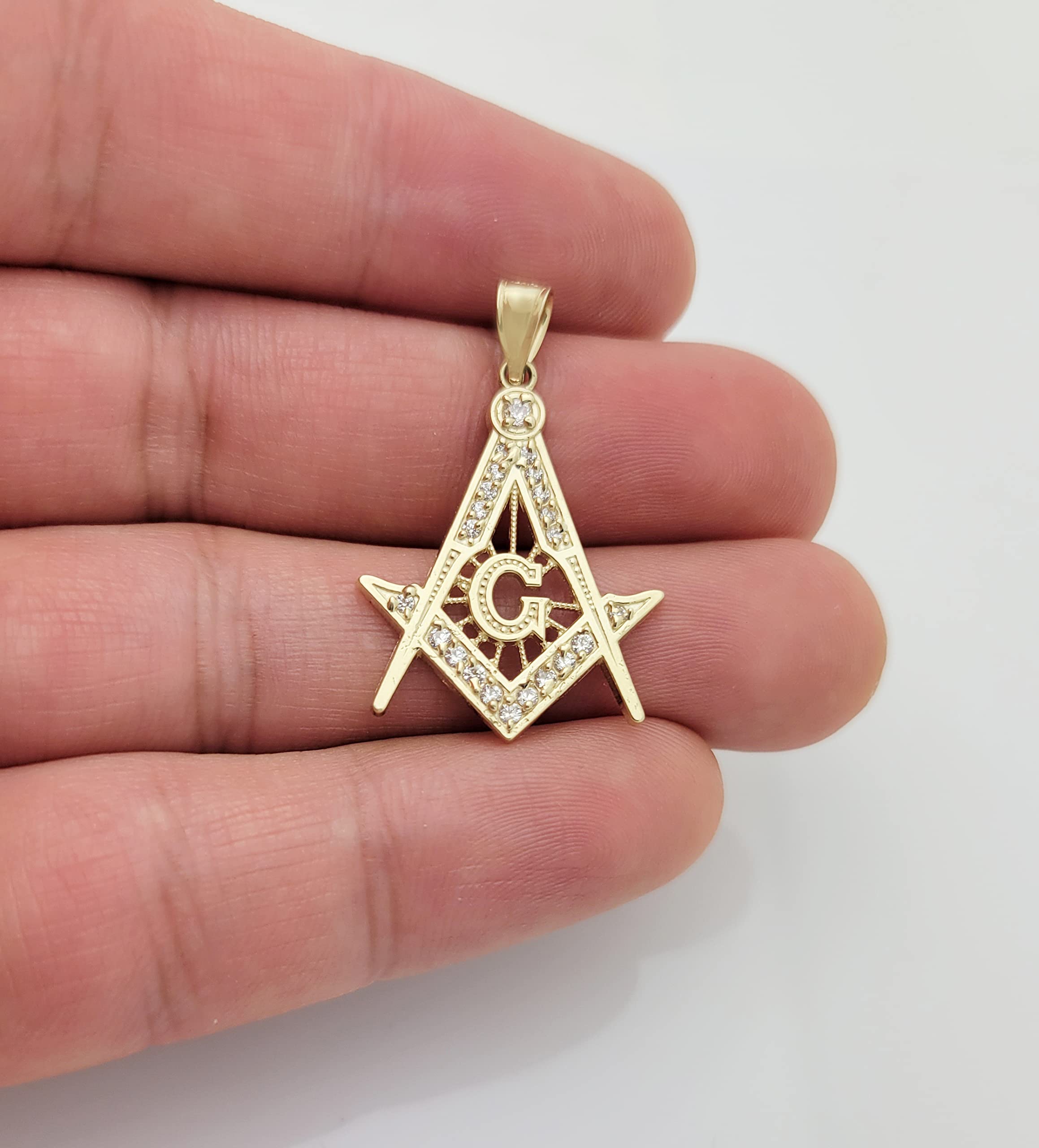AMZ Jewelry 10K Yellow Solid Gold Masonic Pendant Freemason Necklace Pendant CZ Masonic Charm