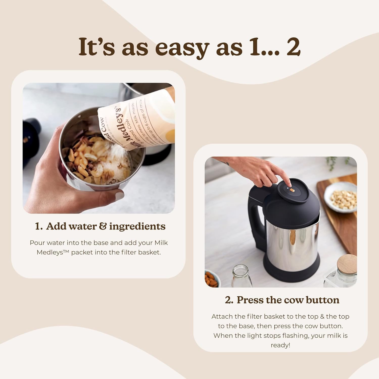 Almond Cow Milk Maker Machine, Milk in a Minute Bundle, Includes 3 Creamy CocoCash & 3 Original Almonds 'n' Dates, Glass Milk Jug, & Jug Brush