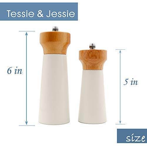 Salt and Pepper Grinders White Salt Shaker Wooden Pepper Salt Grinder Set Pepper Mill - Stainless Ceramic Refillable for Sea Salt Black Pepper - 5" And 6" Christmas Gift Set By Tessïe & Jessïe