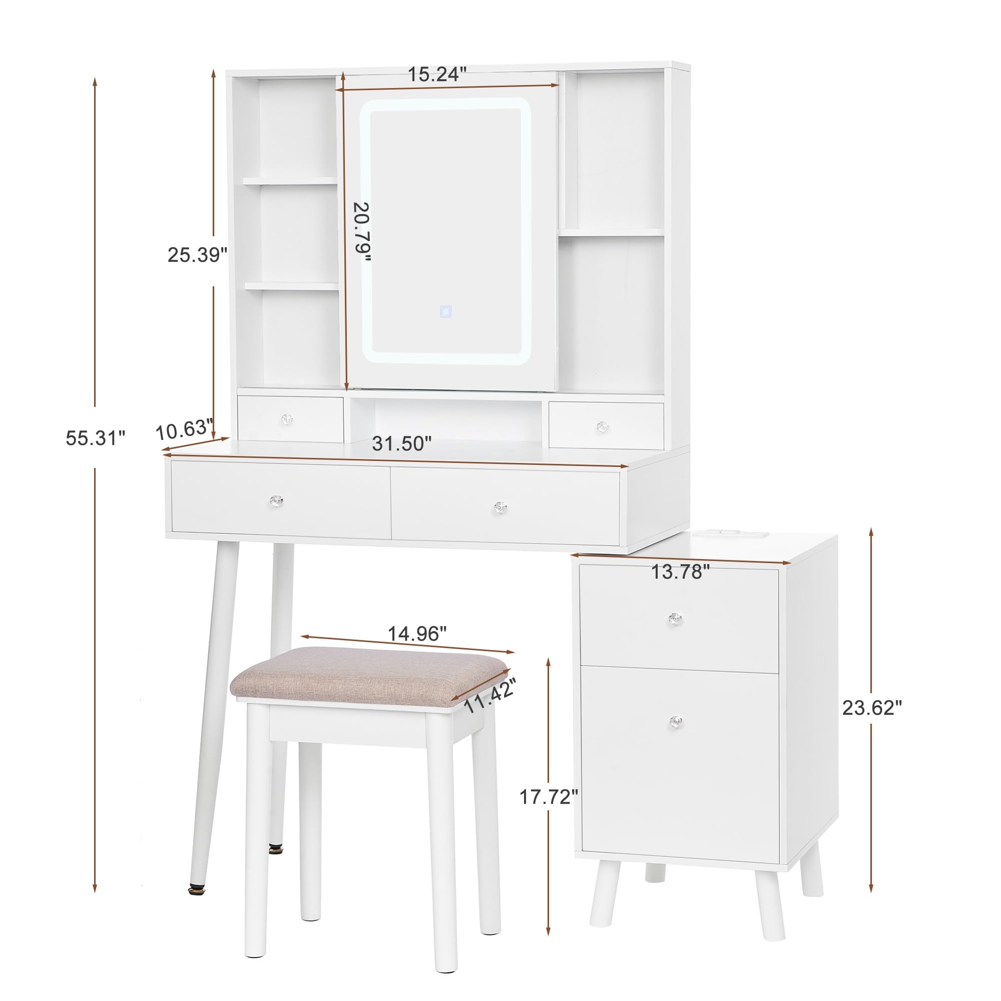 BEWISHOME Vanity Desk, White Vanity with Charging Station & Nightstand, Makeup Desk Makeup Vanity with Lights with 3 Colors Modes, Makeup Table Vanity Table with Sliding Mirror Dressing Table FST19W