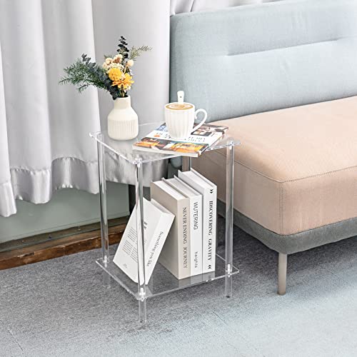Aquiver Small Acrylic Side Table - 13.4'' L x 11.5'' W x 19.6'' H Clear Nightstand - 2 Tiers Small End Table Bedside Table for Living Room, Bedroom