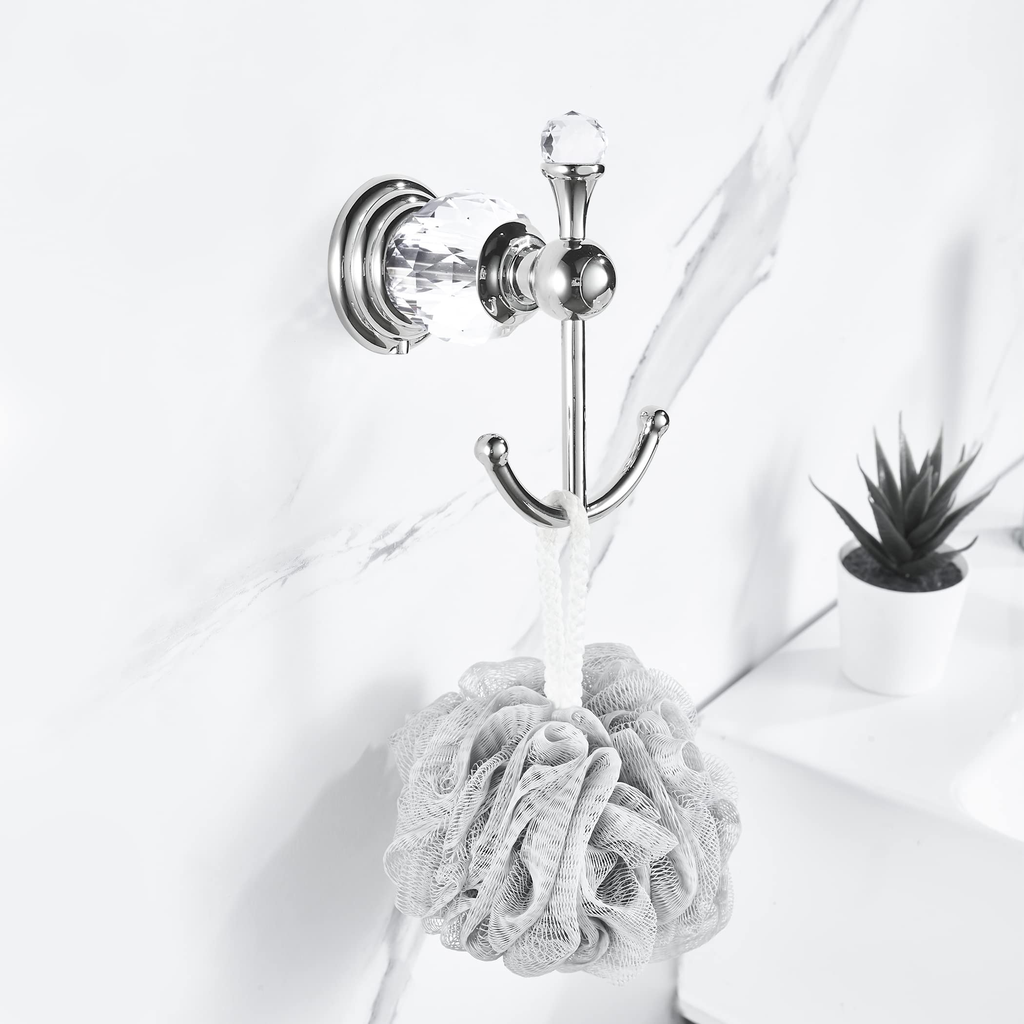 BATHSIR Crystal Robe Hook, Polished Chrome Double Towel Hook for Bathroom, Wall Mounted Silver Coat Hook