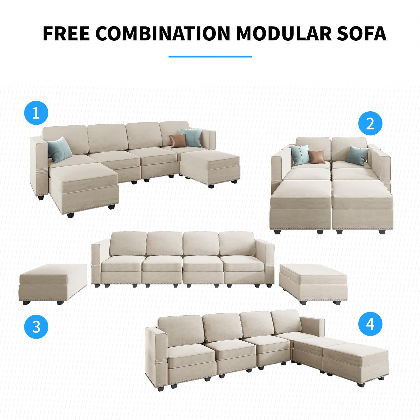 PUREMIND Modular Sectional Sofa with Reversible Storage Ottoman, Convertible U Shaped Couch with Adjustable Armrest & Backrest, Velvet Dark Grey 6 Seater L Shaped Sofa Sleeper for Living Room