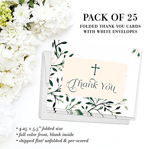 DB Party Studio Baptism Invitations ( 25 ) & Matching Thank You Cards ( 25 ) Set with Envelopes, Pretty Delicate Leaf Design 5 x 7" Fill-in Invites & Folded Thanks Notes Baby Infant Christening Pair