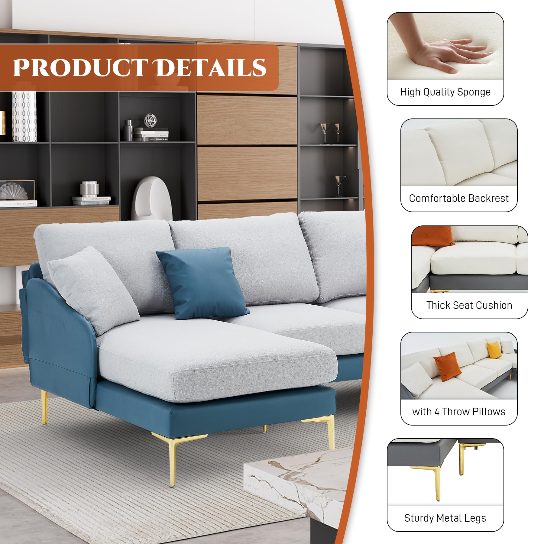 OUYESSIR U Shaped Sectional Sofa Couch, 4 Seat Sofa Set with Double Chaise, 108.5" U-Shaped Modern Fabric Sofa Sleeper with 4 Throw Pillows for Living Room, Blue