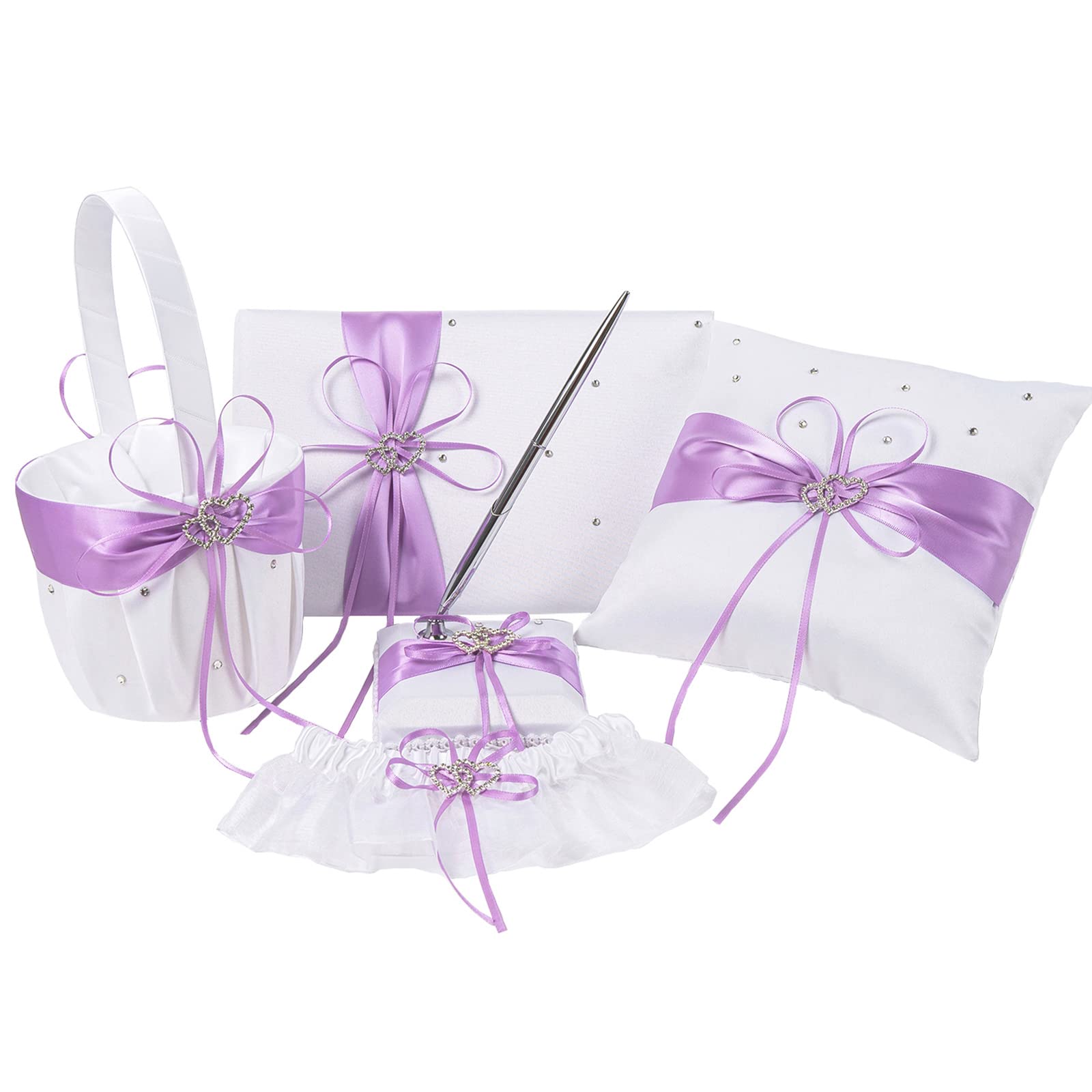 ARKSU 5pcs Wedding Sets Flower Girl Basket + Ring Bearer Pillow + Guest Book with Pen + Pen Set Holder + Bride Garter, Double Heart Rhinestone Decor for Rustic Bridal Shower-Lavender