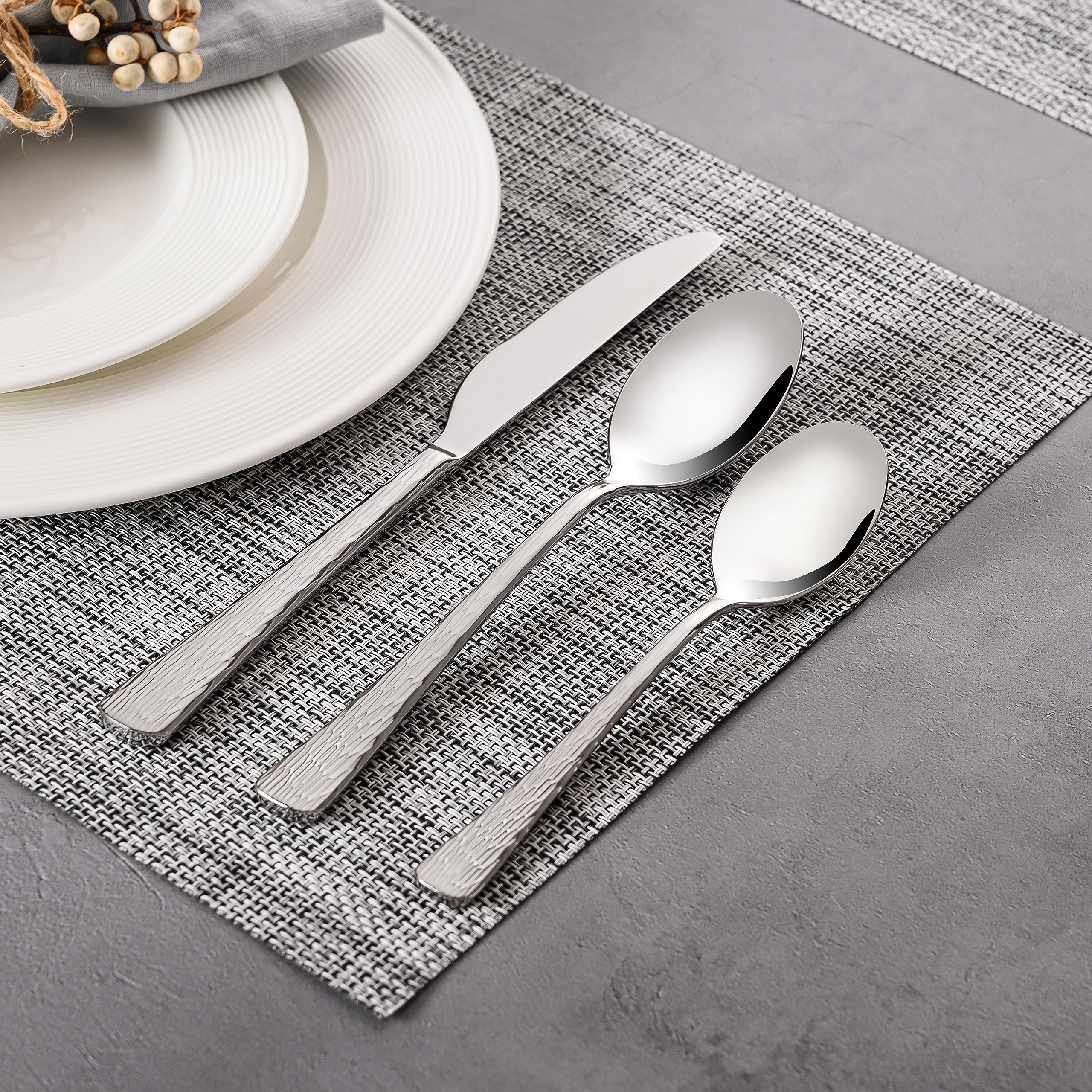 KINGSTONE 4-Piece Dinner Spoons, 18/10 Stainless Steel Soup Spoons Set, 8" Hammered Metal Spoons for Home, Kitchen or Restaurant, Non-toxic & Mirror Polished, Dishwasher(Dinner Spoons Set, 4 PCS)