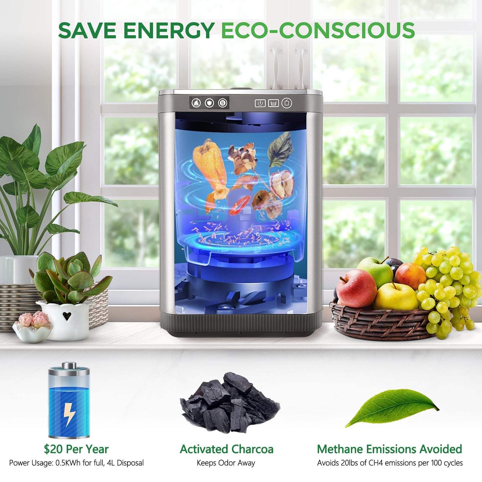 4LB Max Electric Composter, Kitchen Composter Energy Efficient, Composter Indoor Turn Scraps into Garden Fertilizer, 2 Zero Odor 3-Layer Carbon Filter, Smart Compost Bin Kitchen Silent, Auto Washing