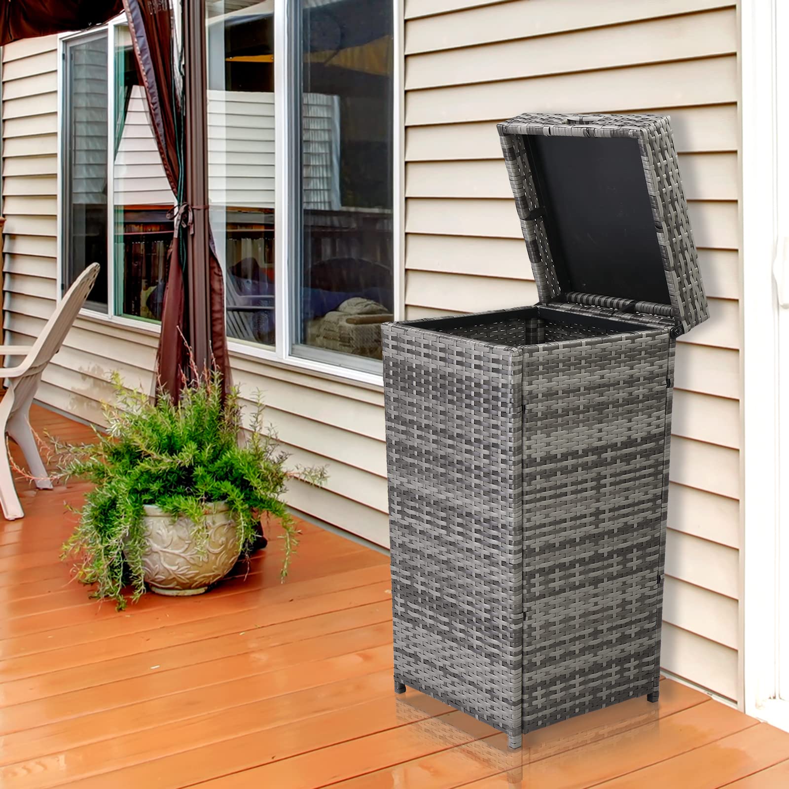 SESAISHEIR 24 Gallon Large Outdoor Trash Can with Lid, Iron Frame Rattan Trash Bin with Top Cover, Tall Poolsid Garbage Can Waste Basket for Backyard Patio Deck and Kitchen Use