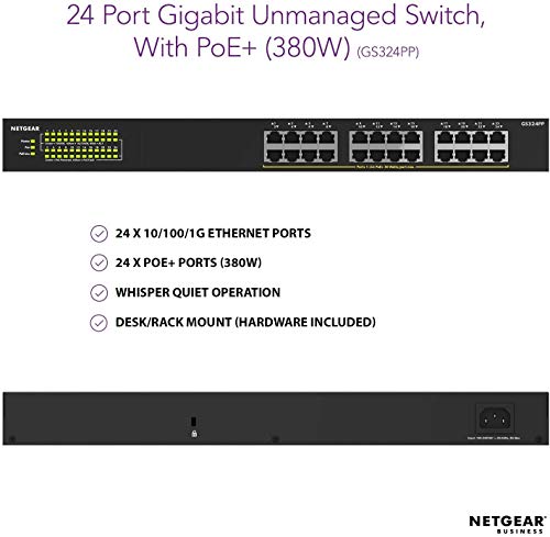 NETGEAR PoE Switch 24 Port Gigabit Ethernet Unmanaged Network Switch (GS324PP) - with 24 x PoE+ @ 380W, Desktop or Rackmount