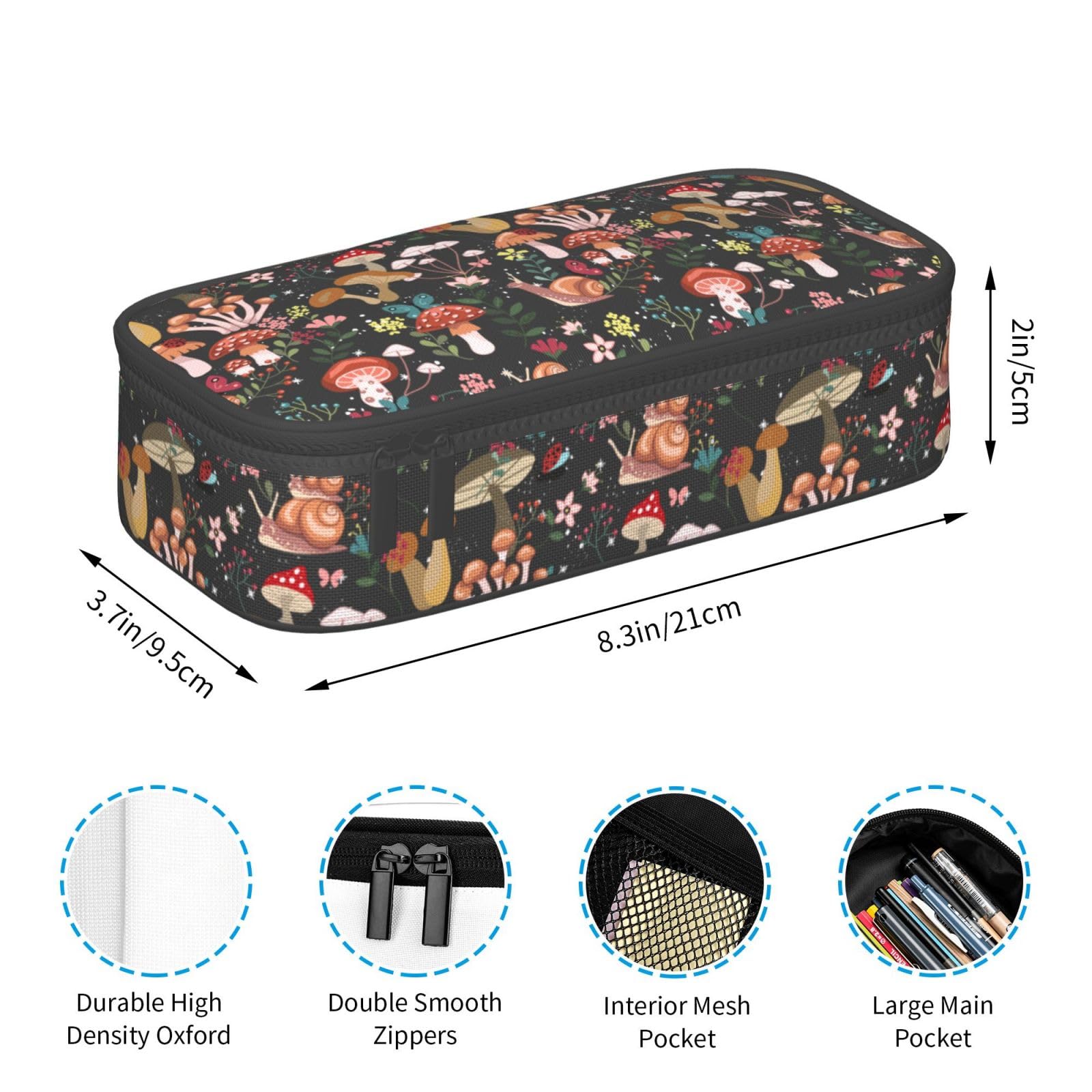 Aoojanu Mushrooms Snails Butterflies Large Pencil Case With Zipper Compartments Stationery Pencil Bag For Kids Teens Students School Supplies