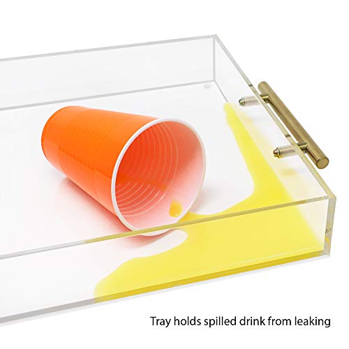 Isaac Jacobs Clear Acrylic Serving Tray (11x14) with Gold Metal Handles, Spill-Proof, Stackable Organizer, Food & Drinks Server, Indoors/Outdoors, Lucite Storage Décor (11x14, Clear with Gold Handle)