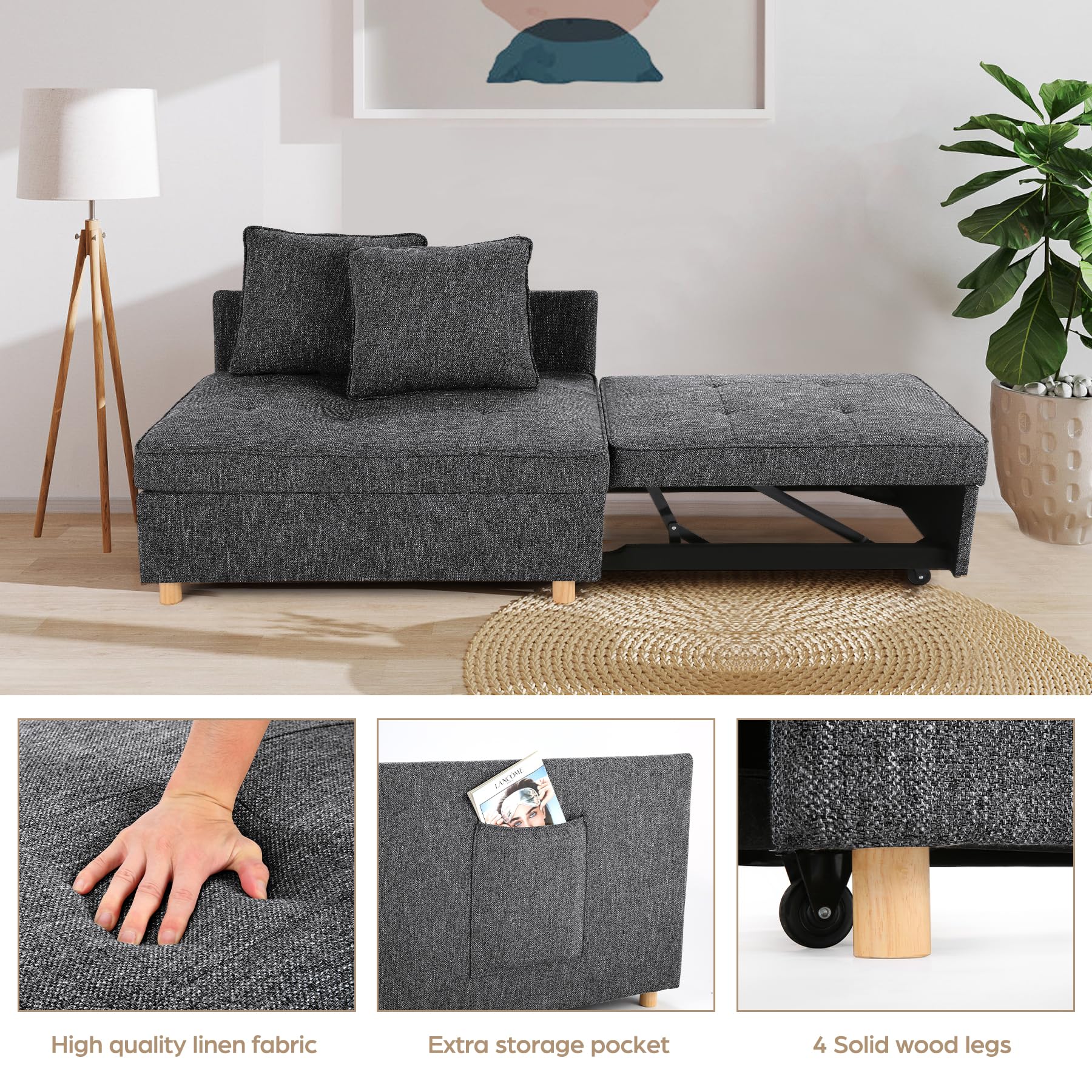 SEJOV Sofa Bed, 4-in-1 Convertible Sleeper Sofa, Pull Out Couch with 3 Seater, Sofa Chair with 5 Adjustable Backrests, 71โโ Linen Couch with 2 Pillow, Loveseat for Living Room, Yellow
