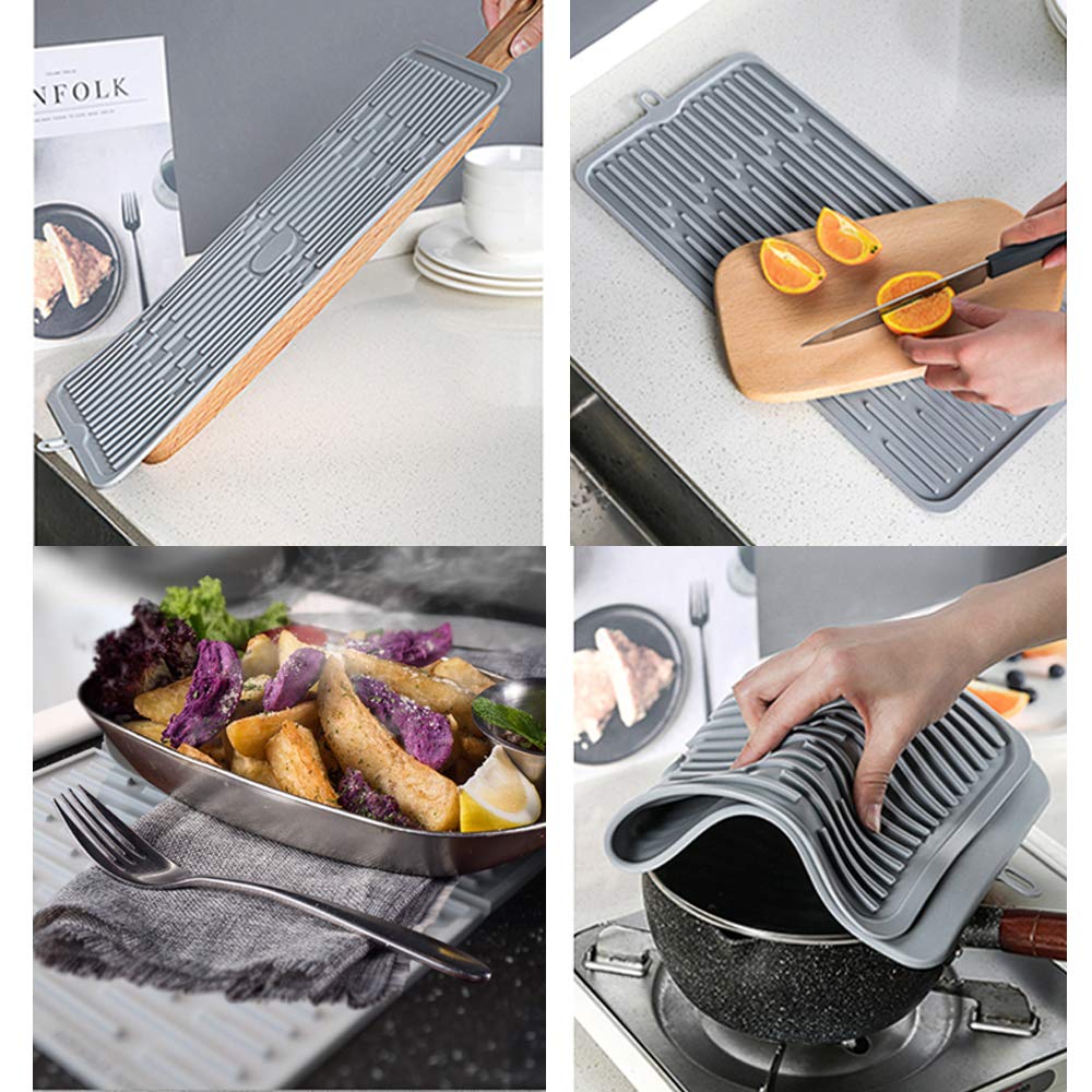 Dish Mat Silicone Dish Drying Mats Works For Drying Stemware Cocktail Glasses Silverware Pots Pans Knives and Dish Rack for Kitchen Counter Sink Bar Pads Easy to Clean 17.3"*7.9"*0.2" (Gray)