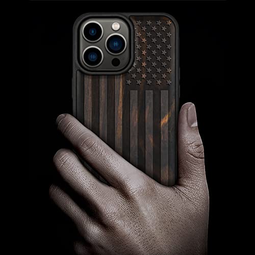 Carveit Magnetic Wood Case for iPhone 14 Pro Max [Natural Wood & Black Soft TPU] Shockproof Protective Cover Unique & Classy Wooden Case Compatible with magsafe (American Flag -Blackwood)