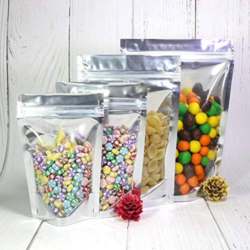 QQ Studio Clear Window Aluminum Mylar Heat Sealable Standup QuickQlick™ Bags (100 Pack) (Clear/Silver, Standup 2oz)