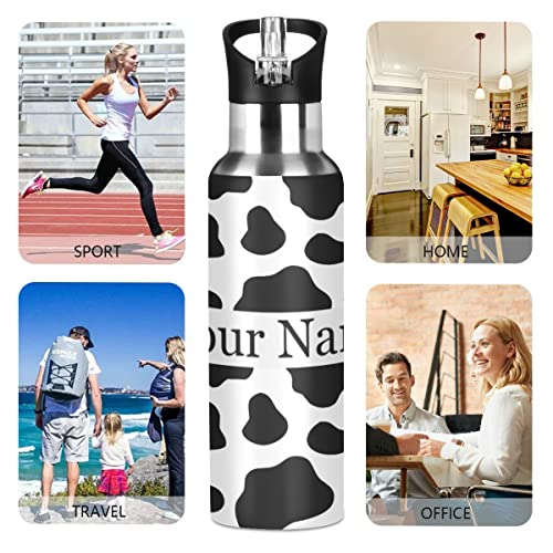 Custom Water Bottle Black and White Cow Print Stainless Steel Vacuum with Name Personalized Name Insulated Sport Bottle with Wide Handle