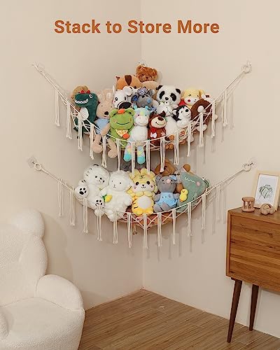 iKeelo Stuffed Animal Storage Hammock(2 Pack), Nursery Hanging Organizer for Teddy Bears and Plush Toys, 55x40x40in Large Corner Stuffy Holder for Kids Bedroom and Playroom