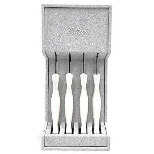 CUTCO Model 1864 set of four White (Pearl) #1759 Table Knives plus #1745 tray........................Knives have 3.4" Double-DĀ® serrated edge blades and 5" handles.............Knives are in factory sealed plastic bags.